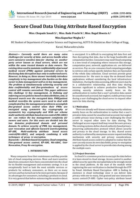 Irjet Secure Cloud Data Using Attribute Based Encryption Pdf