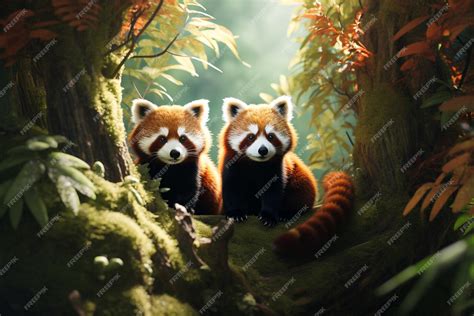 Premium Photo A Pair Of Curious Red Pandas Exploring Their Fores 00409 00