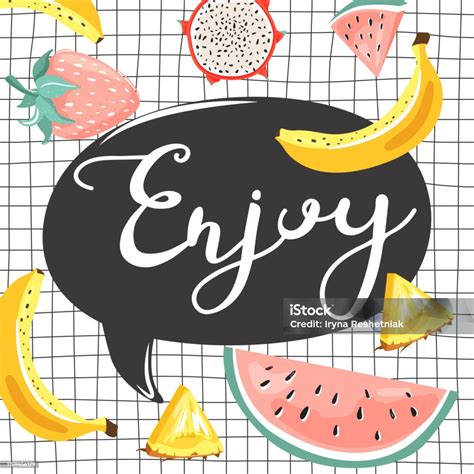 세련 된 타이포그래피 슬로건 디자인 즐길 수 표지판 파인애플 수박 바나나 딸기 드래곤 과일 및 레터링 T 셔츠에 대한 스톡 벡터 아트 및 기타 이미지 Istock