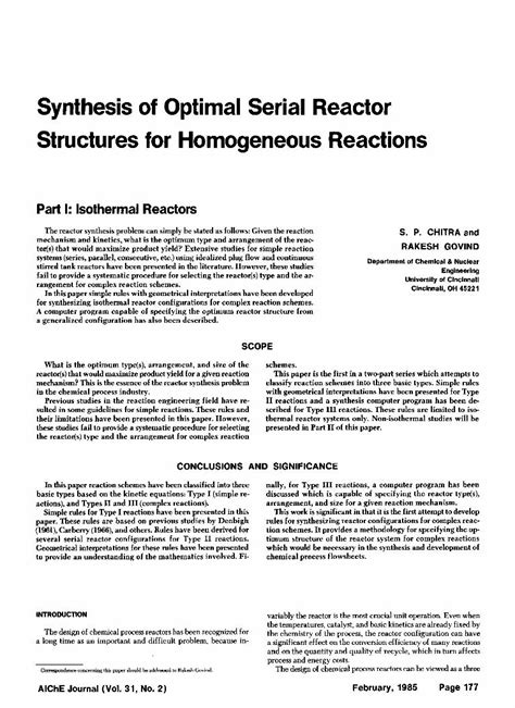 pdf synthesis of optimal serial reactor structures for homogeneous