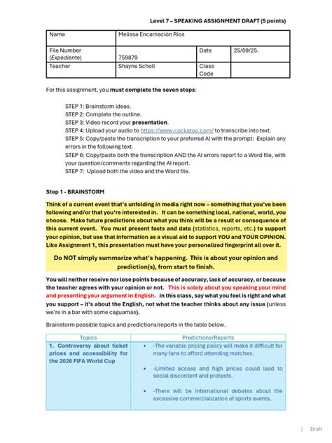 Speaking Assignment Level 7 2 4 Pdf Prediction Linguistics