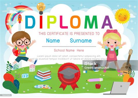 인증서 유치원 및 초등학교 유치원 아이 들 졸업장 인증서 패턴 디자인 서식 파일 유치원 학생을 위한 졸업장 템플릿 어린이 졸업장 인증서 문서에 대한 스톡 벡터 아트 및 기타