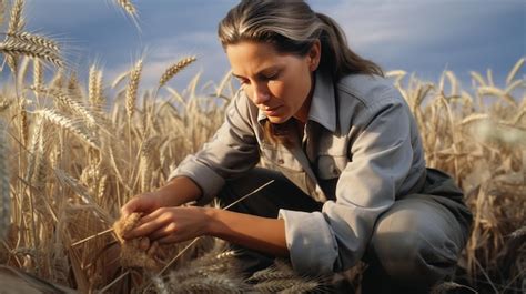 Premium Ai Image Checking The Yield Of Grain Crops A Woman Conducts Field Experiments