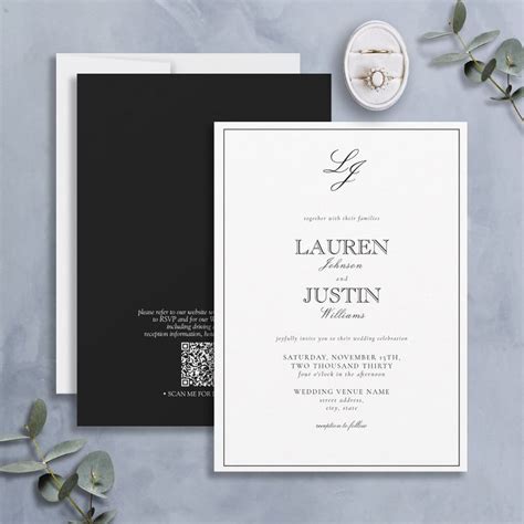 Qr Code Classic Black And White Monogram Wedding Invitation Zazzle En 2024