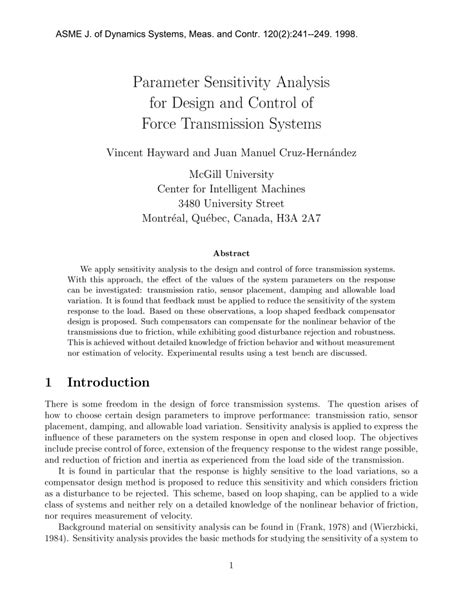 pdf parameter sensitivity analysis for design and control of force