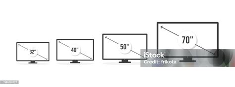 스마트 Tv 아이콘 세트 32 40 50 및 70 인치의 대각선 화면 크기 Lcd 텔레비전 디스플레이 컴퓨터 모니터 벡터 일러스트레이션 플랫 디자인 70에 대한 스톡 벡터