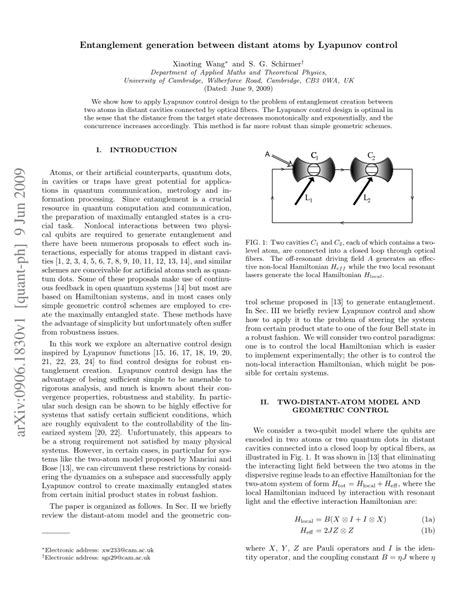 Pdf Entanglement Generation Between Distant Atoms By Lyapunov Control