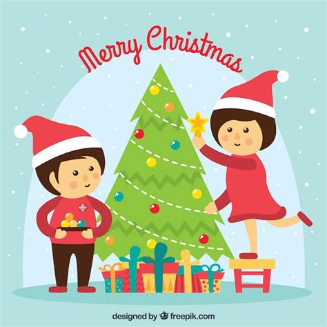 Los Niños Decorando El árbol De Navidad Vector Gratis