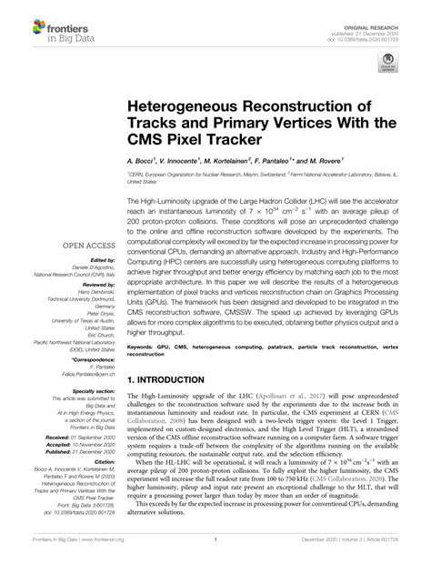 Pdf Heterogeneous Reconstruction Of Tracks And Primary Vertices With The Cms Pixel Tracker