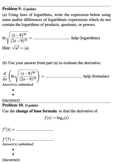 solved problem 9 2 points a using laws of logarithms