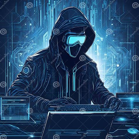Hacker Working With Computer In A Blue And Dark Theme Wallpaper Stock
