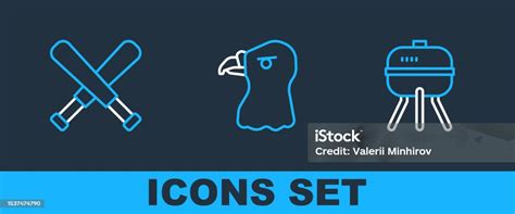 세트 라인 바베큐 그릴 교차 야구 방망이 및 독수리 머리 아이콘 벡터 가죽에 대한 스톡 벡터 아트 및 기타 이미지 가죽 경쟁 고기 Istock