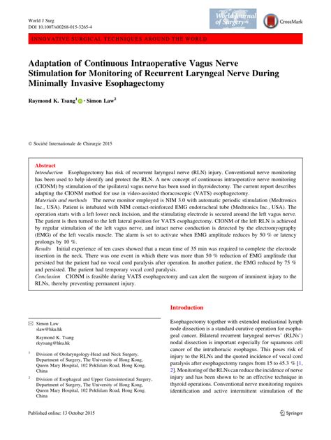 Pdf Adaptation Of Continuous Intraoperative Vagus Nerve Stimulation For Monitoring Of