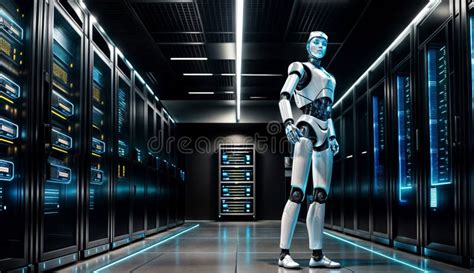a robot stands in the server data storage system room stock