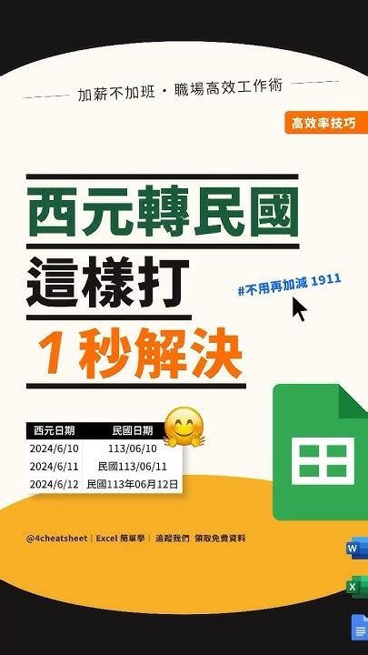 excel 西元轉民國，1 秒解決效率加倍 ⤵ 遇到日期轉換再也不頭痛 🥳 excel exceltips cheatsheet