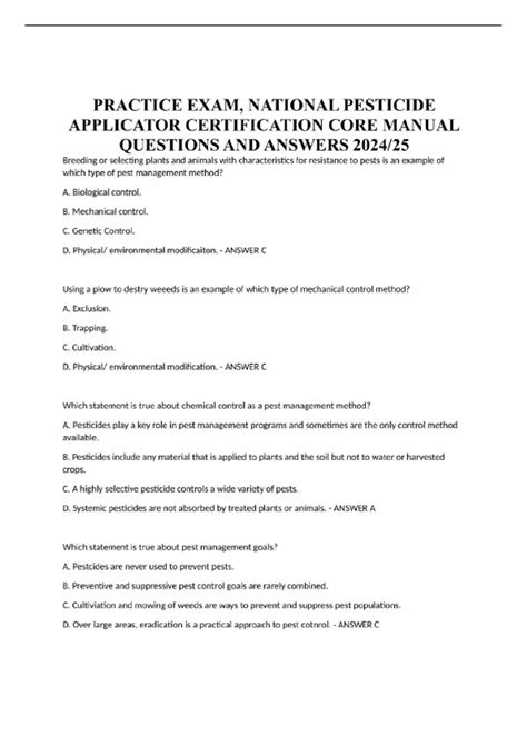 Practice Exam National Pesticide Applicator Certification Core Manual Questions And Answers