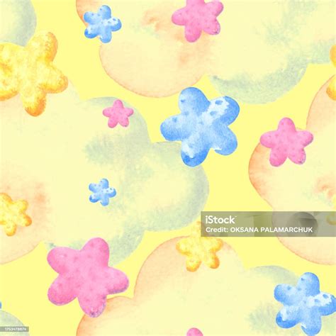 귀여운 화려한 별과 구름의 매끄러운 패턴 수채화 손으로 그린 일러스트레이션 다양한 디자인 배경 장식 어린이 생일 및 파티 섬유 만들기 포장 및 포장지 0명에 대한 스톡 벡터