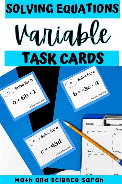 Literal Equations Printable Task Cards Activities Solving Variable Equations