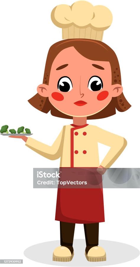 브로콜리와 함께 접시를 들고 있는 소녀 전문 요리사 캐릭터 유니폼의 귀여운 아이 모자 요리 맛있는 요리 만화 스타일 벡터 일러스트 가공의 인물에 대한 스톡 벡터 아트 및