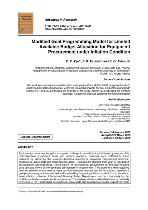 Pdf Modified Goal Programming Model For Limited Available Budget