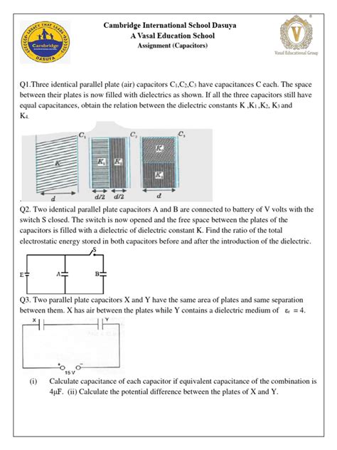 Assignment 12th Capacitors Pdf Capacitor Capacitance