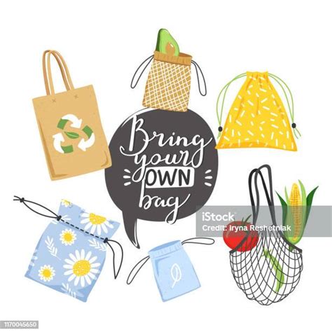 제로 폐기물 개념 다양 한 에코 가방과 레터링 문구의 집합 세련 된 타이포그래피 슬로건 디자인 자신의 가방을 가지고 표지판 0에 대한 스톡 벡터 아트 및 기타 이미지