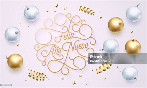 펠리 즈 Ano 누에보 스페인어 행복 새 해 Navidad 선단 장식 골드 인사말 카드 디자인의 번 창 골든 서 예 글자 벡터 황금 장식과 크리스마스 휴가 검은 배경에