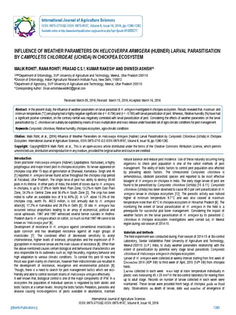 Influence Of Weather Parameters On Helicoverpa Armigera Hubner Larval Parasitisation By