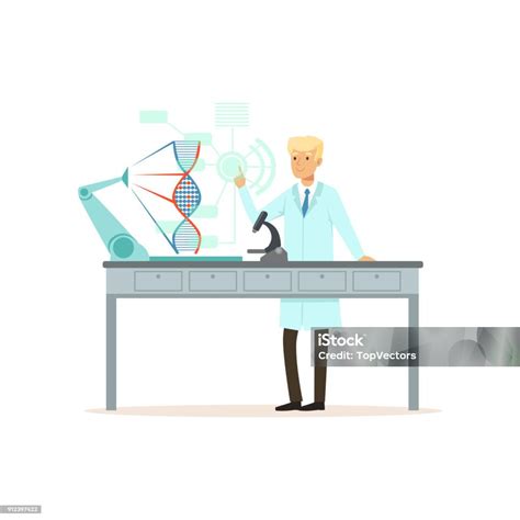 남성 과학자와 현대 실험실 인공 지능 개념 벡터 일러스트 레이 션에에서 Dna 구조 실험을 수행 하는 로봇 팔 개념에 대한 스톡
