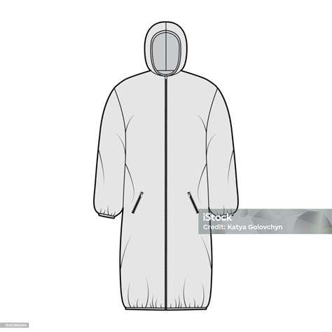 후드 재킷 다운 퍼퍼 코트 테크니컬 패션 일러스트와 지퍼 업 클로저 포켓 박시 핏 무릎 길이 0명에 대한 스톡 벡터 아트 및 기타 이미지 Istock