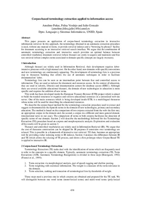 Pdf Corpus Based Terminology Extraction Applied To Information Access
