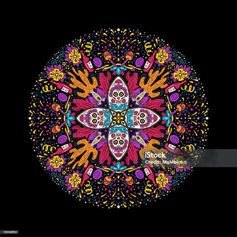 디 아 드 로스 무에 르 토스 일의 죽은 벡터 일러스트 레이 션 카드 배너 또는 설탕 두개골과 꽃 요소가 있는 전단지에 대 한 라운드 디자인 만성절에 대한 스톡 벡터 아트