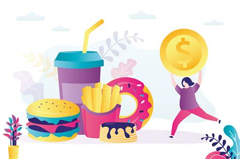 뚱뚱한 여자는 다른 정크 푸드를 구입하기 위해 실행됩니다 금화를 가진 과체중 소녀는 다양한 건강에 해로운 음식을 구입 건강에