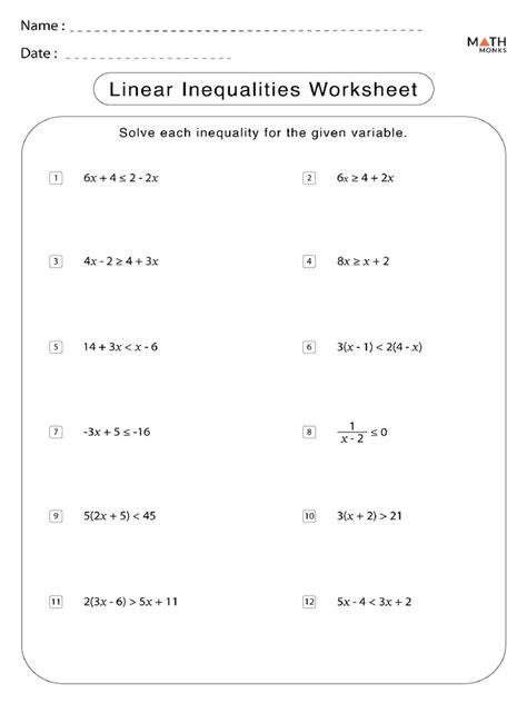 Linear Inequalities Worksheet Pdf