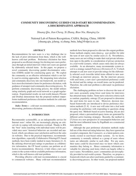 Pdf Community Discovering Guided Cold Start Recommendation A