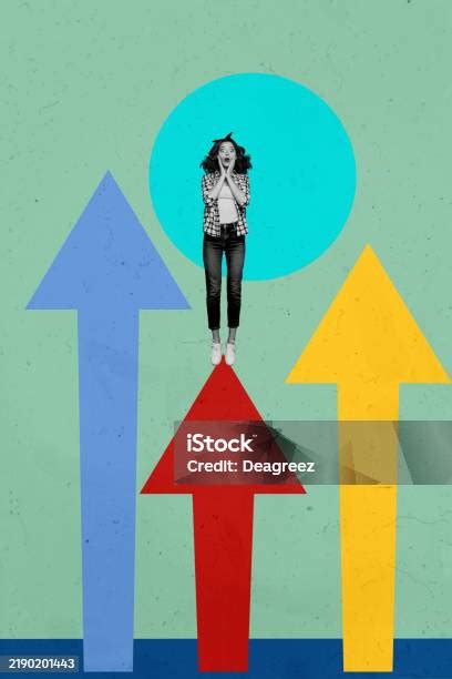 창조적 인 디자인 복합 요소 경향 삽화 콜라주 화살표 위쪽으로 방법 상인 목표 사업 고용 직업 젊은 아가씨 충격을받은 대 화살 20 24세에 대한 스톡 사진 및 기타 이미지