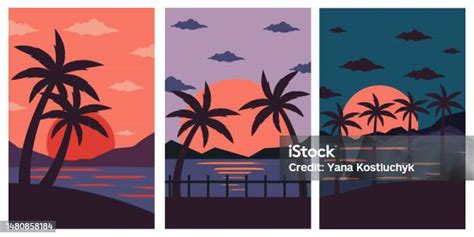 야자수 바다 구름 하늘 해변이 있는 열대 배경의 벡터 세트 야자 나무 Arecales에 대한 스톡 벡터 아트 및 기타 이미지 야자 나무 Arecales 포스터
