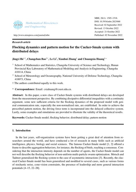 Pdf Flocking Dynamics And Pattern Motion For The Cucker Smale System With Distributed Delays