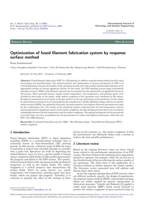 Pdf Optimization Of Fused Filament Fabrication System By Response Surface Method