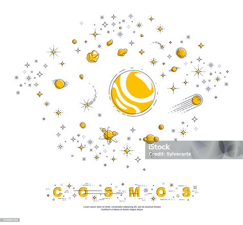 별 혜성 소행성 및 다른 요소와 알려지지 않은 환상적인 행성 우주 숨막히는 공간 과학을 탐구 한다 얇은 선 3d 벡터 그림은 흰색 절연입니다 0명에 대한 스톡 벡터 아트 및