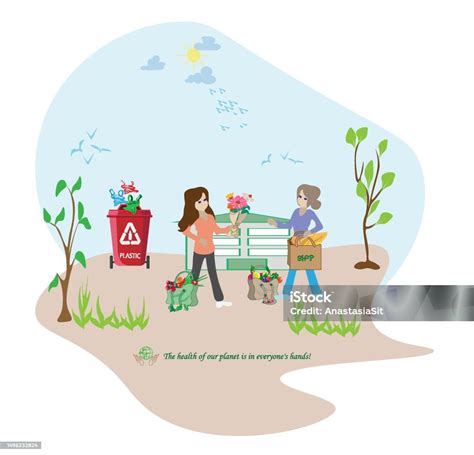 환경 친화적 인 사람들 쓰레기 수집기 쓰레기를 가진 남자 사람들은 쓰레기를 종류별로 분류하여 재활용을 위해 용기에 넣습니다 생태 개념입니다 가공의 인물에 대한 스톡 벡터