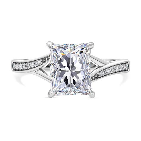 Moissanite Split Shank Princess Cut Ring In Rhodium Overlay Sterling
