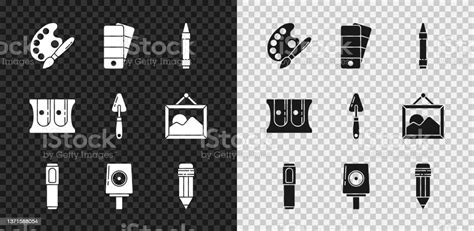 페인팅을 위한 팔레트 팔레트 왁스 크레용 마커 펜 스프레이는 노즐 캡 연필 지우개 샤프너 및 나이프 아이콘으로 페인트 브러시를 설정합니다 벡터 검은색에 대한 스톡 벡터 아트