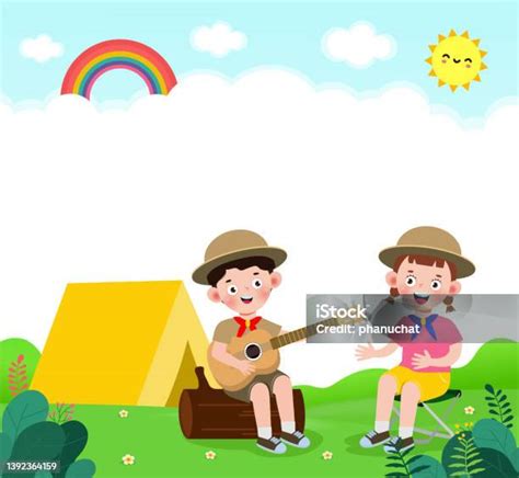 여름 캠프 아이들은 광고 브로셔 포스터에 대한 스카우트 명예 유니폼 배너 템플릿 배경 교육을 착용 캠핑 활동을하는 행복한 아이들 전단지 텍스트 플랫 벡터 일러스트 레이 션