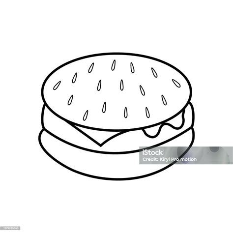 흑백 버거 벡터 일러스트레이션 검은 색 라인이있는 흰색 햄버거 참깨와 씨앗이 위에 그려져 있습니다 식욕을 돋우는 빵 정크 푸드 패스트 푸드 카페 이미지 0명에 대한 스톡