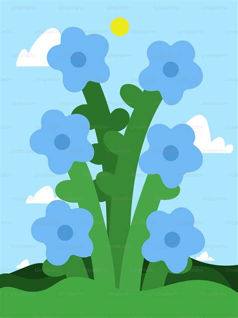 배경에 노란 태양이 있는 푸른 꽃이 만발한 식물 벡터 Unsplash의 봄 이미지