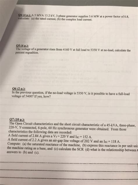 Solved A 5 MVA KV 3 Phase Generator Supplies 3 6 MW At A Chegg Com