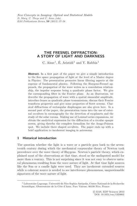 The Fresnel Diffraction A Story Of Light And Darkness C Docslib