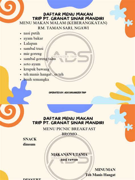 Daftar Menu Makan Trip Pt Granat Sinar Mandiri Pdf