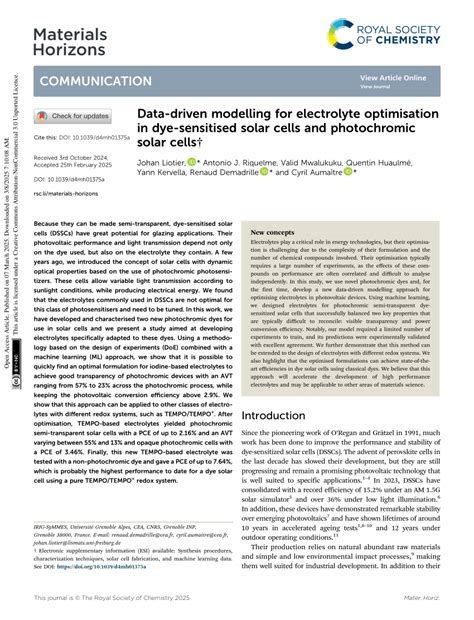 Pdf Data Driven Modelling For Electrolyte Optimisation In Dye Sensitised Solar Cells And